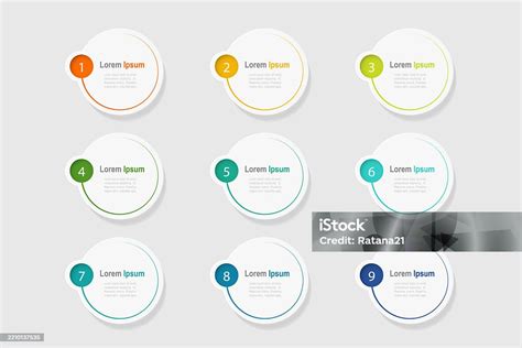 9 단계 인포 그래픽 원 모양 및 여러 가지 빛깔의 라벨 워크 플로우 레이아웃 다이어그램 연례 보고서 웹 디자인을 디자인하는 비즈니스 개념 벡터 개발에 대한 스톡 벡터 아트