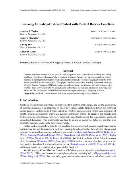 Pdf Learning For Safety Critical Control With Control Barrier Functions