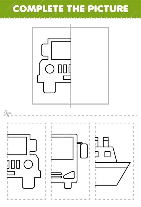 어린이를 위한 교육 게임은 인쇄 가능한 운송 워크시트를 색칠하기 위한 귀여운 만화 자동차 반 개요의 그림을 자르고 완성합니다