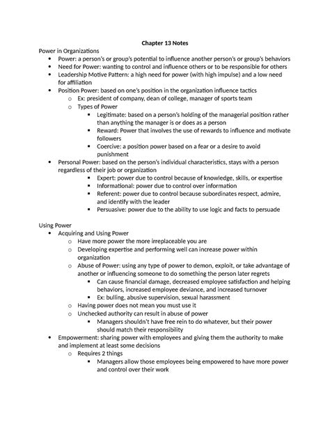 Chapter 13 Notes Chapter 13 Notes Power In Organizations Power A Persons Or Groups