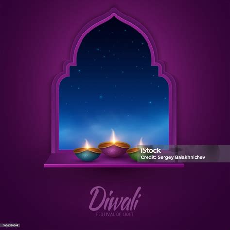 조명 오일 디야 램프가 별이 빛나는 동화 하늘이 내려다 보이는 창문에 서 있습니다 빛의 디왈리 축제를위한 축제 표지 또는 배너 휴일을위한 인도 템플릿 디자인 3d 벡터