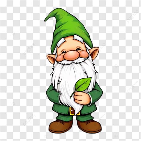 정원 그놈 만화 스타일 변덕스럽다 쾌활한 표정 긴 흰 수염 뾰족한 녹색 모자 튜닉 갈색 부츠 잎사귀를 쥐고 큰 코 장밋빛 볼 마법 생물체 숲 수풀 거주자 공상 상상 허구