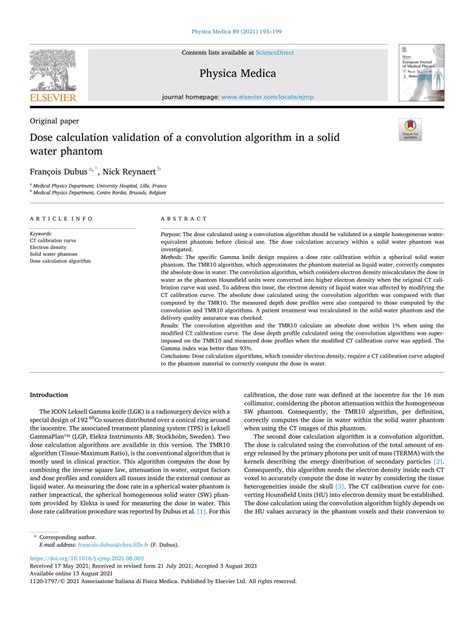 Pdf Dose Calculation Validation Of A Convolution Algorithm In A Solid Water Phantom