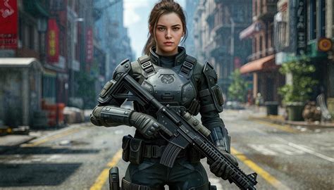 Девушка в военной экипировке с оружием на фоне города · бесплатная фотография от N0mad