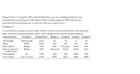 solved repeat prob 7 7 using the ahp method determine your