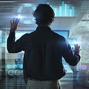 Business Man Touchscreen And Hologram Of Information Technology Data Analytics And Global