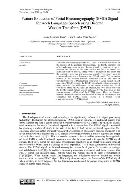 Pdf Feature Extraction Of Facial Electromyograph Emg Signal For Aceh Languages Speech Using