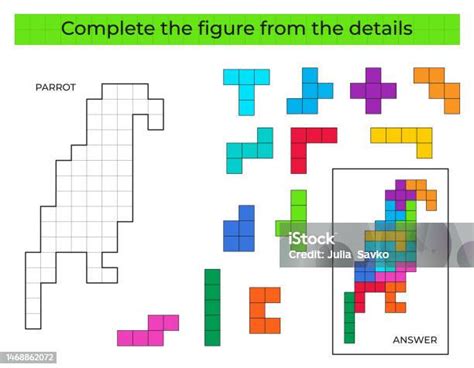 앵무새와 퍼즐 게임 어린이를 위한 컬러풀한 디테일 완전한 그림 아이들을위한 교육 게임 유치원 워크 시트 활동 0명에 대한 스톡