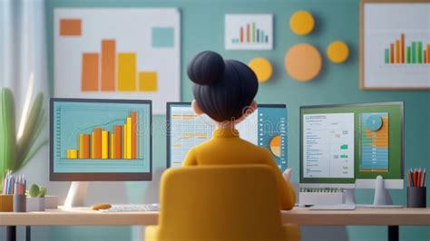Businesswoman Analyzing Data On Multiple Monitors In Office Space Stock