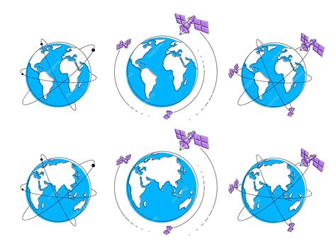 지구 주위의 궤도 우주선을 비행하는 글로벌 통신 기술 위성 태양 전지 패널 및 위성 안테나 플레이트가 있는 우주선 우주 정거장 얇은 선 3d 벡터 일러스트 세트입니다