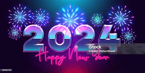 벡터 새해 복 많이 받으세요 2024 복고풍 80 년대 3d 파란색과 보라색 텍스트와 불꽃 놀이의 폭발과 배경 연말연시 웹 배너 전단지 축제 포스터 12월 31일에 대한