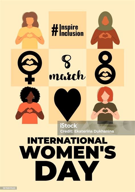 세계 여성의 날 포스터 3월 8일 캠페인 2024 인스파이어클루어 다양한 인종의 여성들이 성차별을 막기 위해 하트 모양으로 손을 움직입니다 평면 벡터 그림 3월에 대한 스톡