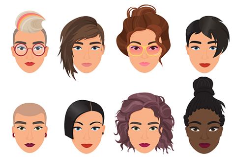 여자 여성 아바타 벡터 일러스트 레이 션을 설정합니다 다른 패션 머리 스타일으로 현대 Multiethic 아름 다운 젊은 여자의 초상화 금발 머리에 대한 스톡 벡터 아트 및