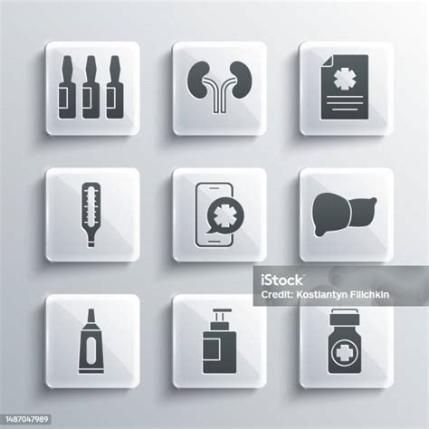 손 소독제 병 약 알약 인체 장기 간 응급 전화 연고 크림 튜브 약 의료용 온도계 바이알 앰플 및 임상 기록 아이콘을 설정합니다 벡터 건강 진단에 대한 스톡 벡터 아트 및