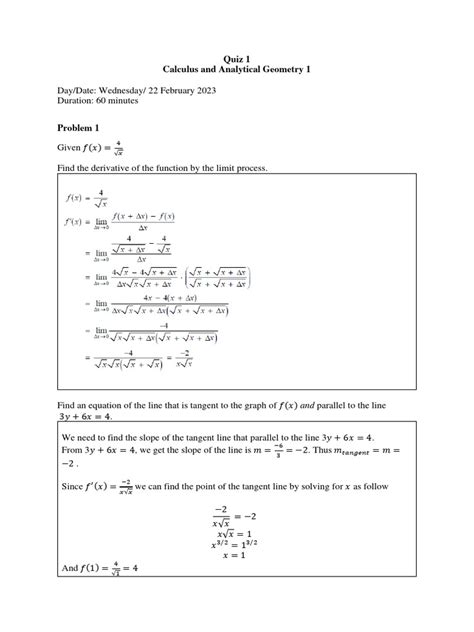 Quiz 1 Calculus 1 Spring 2023 Solution Pdf