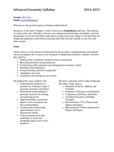 Advanced Geometry Syllabus V1 Pdf Geometry Homework