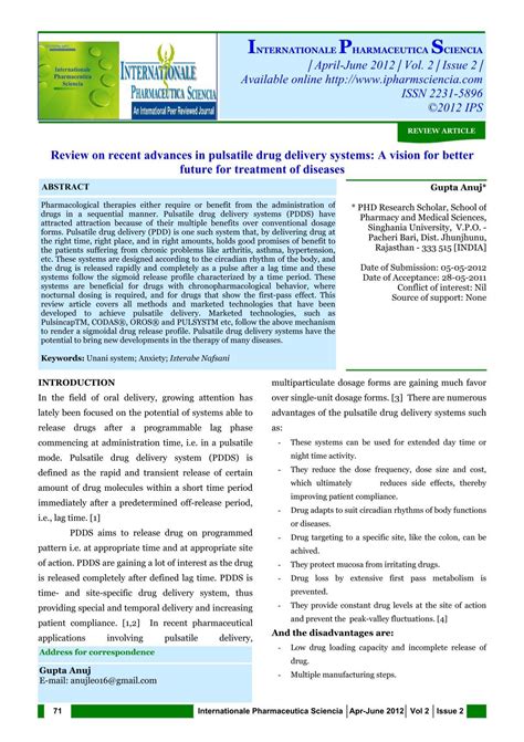 Review On Recent Advances In Pulsatile Drug Delivery Systems A