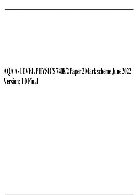 aqa a level physics 7408 2 paper 2 mark scheme june 2022 version 1 0