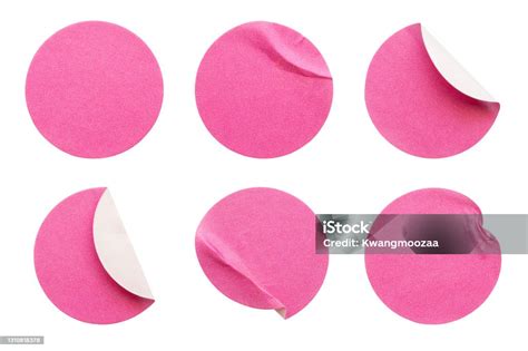 흰색 배경에 격리 된 빈 핑크 둥근 접착제 종이 스티커 라벨 세트 컬렉션 접착 테이프에 대한 스톡 사진 및 기타 이미지 접착