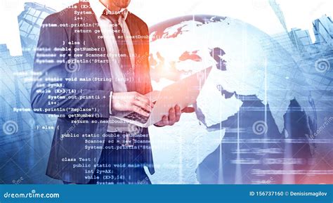 Man With Laptop Coding In City Stock Photo Image Of Computer Engineer 156737160