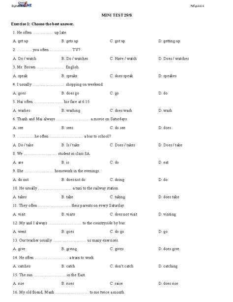 Grd 6 Mini Test Hiện Tại Đơn Exercise 1 Studocu