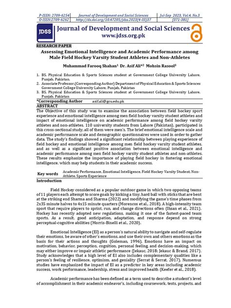 37 Assessing Emotional Intelligence And Academic Performance Among Male Field Hockey Varsity