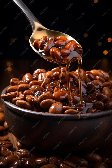 premium ai image a wooden spoon of java beans flying over dark background