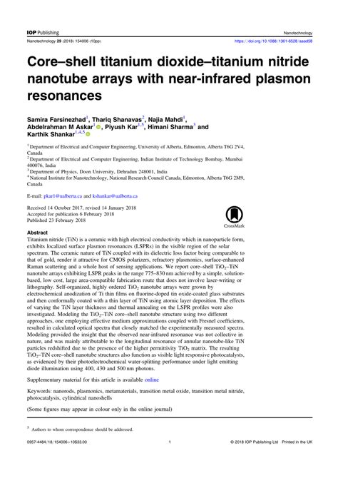 Core Shell Titanium Dioxide Titanium Nitride Nanotube Arrays With Near Infrared Plasmon