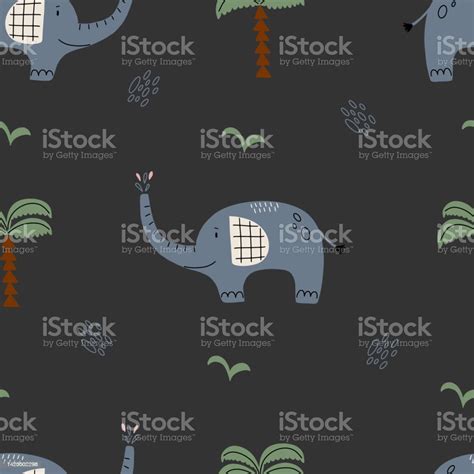 정글에서 귀여운 코끼리와 완벽한 패턴 디자인을 위해 흰색 배경에 고립 된 벡터 일러스트 레이 션 0명에 대한 스톡 벡터 아트 및 기타 이미지 Istock