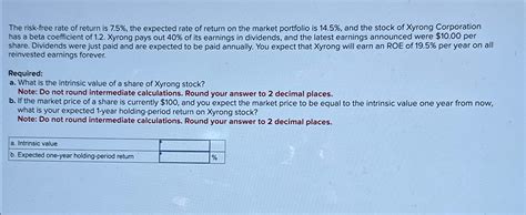 Solved The Risk Free Rate Of Return Is The Expected Chegg
