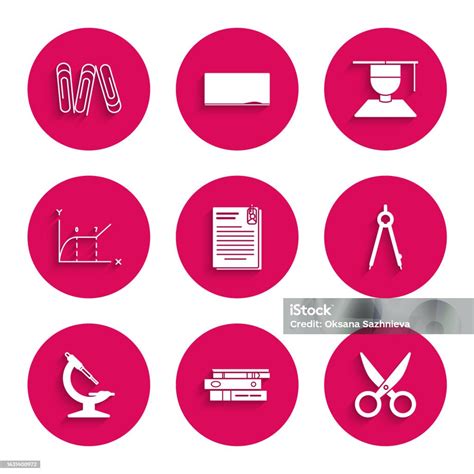 파일 문서 및 종이 클립 종이 문서 가위 드로잉 나침반 현미경 파이 차트 인포 그래픽 대학원 졸업 모자 및 종이 아이콘이있는 Office 폴더를 설정합니다 벡터 가위에 대한