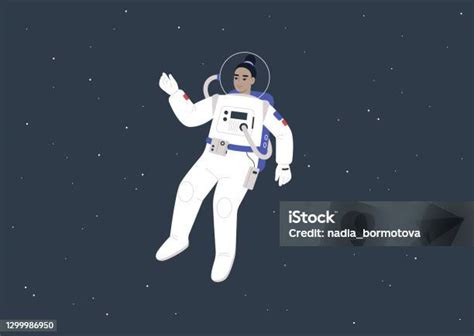 별 사이에 떠있는 우주복을 입은 젊은 여성 아시아 우주 비행사 우주 비행사에 대한 스톡 벡터 아트 및 기타 이미지 우주 비행사 경관 공중 부양 Istock