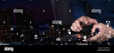 Iot Internet Of Things E Commerce Concept Man Using Mobile Phone And Laptop Computer