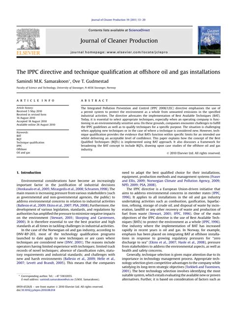 Pdf The Ippc Directive And Technique Qualification At Offshore Oil