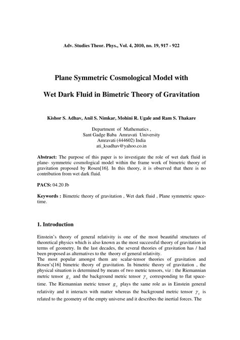 Pdf Plane Symmetric Cosmological Model With Wet Dark Fluid In Bimetric Theory Of Gravitation