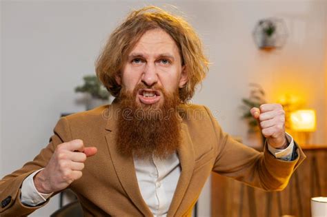 Pov Of Upset Businessman Arguing At Home Office Stressed Bearded Freelancer Looking At Camera