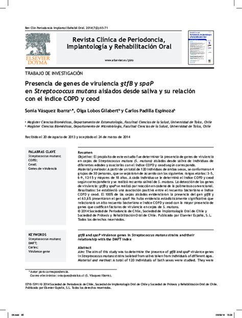 Pdf Presencia De Genes De Virulencia Gtfb Y Spap En Streptococcus Mutans Aislados Desde Saliva