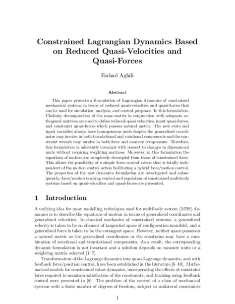 pdf constrained lagrangian dynamics based on reduced quasi velocities