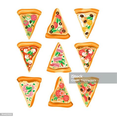 평면 벡터는 다른 재료와 피자의 삼각형 조각의 설정합니다 빠른 음식입니다 전통적인 이탈리아 요리입니다 프로 모션 포스터 카페 또는 피자 메뉴에 대 한 요소 0명에 대한 스톡