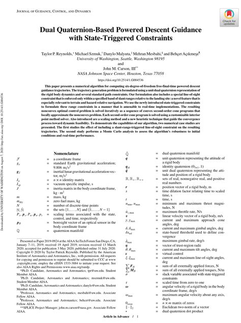 Pdf Dual Quaternion Based Powered Descent Guidance With State Triggered Constraints