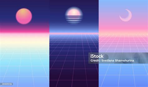 미래 지향적인 포스터 세트 세트 레트로웨이브 신스웨이브 레이브 베이퍼웨이브 사이버펑크 파티 배경 컬렉션 태양과 달이 있는 벡터 라인 그리드 풍경입니다 레트로 빈티지 1980