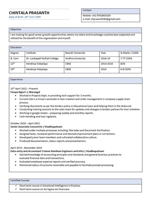 Ch Prasanth Resume Pdf Accounting Business