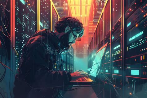 A Hacker Focuses Intently On A Laptop Surrounded By Rows Of Servers