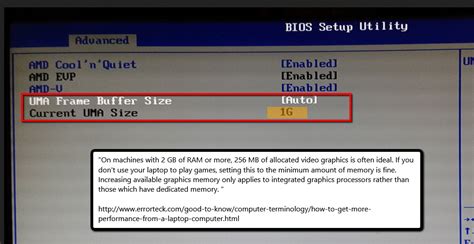 uma frame buffer size used laptops reserved video graphics