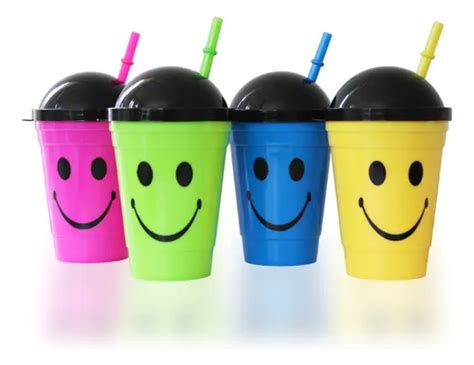 12 Vasos Dibujos De Carita Reusable Tapa Y Popote Para Niños Mercadolibre
