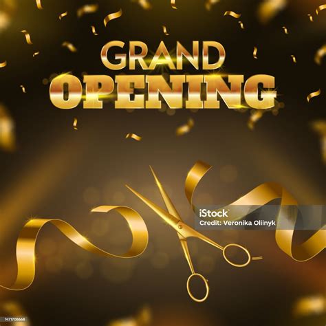 그랜드 오프닝 리본 커팅식 황금 가위 컷 리본 새로운 비즈니스 럭셔리 축하 이벤트 벡터 배너 일러스트 레이 션의 출시 개회행사에 대한 스톡 벡터 아트 및 기타 이미지