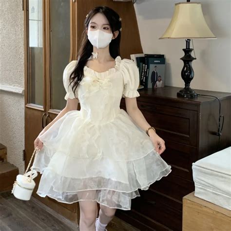 여성용 빈티지 페어리코어 화이트 로리타 드레스 한국 스타일 귀여운 일본 스위트 보우 주름 메쉬 퍼프 슬리브 미니 공주 드레스 AliExpress