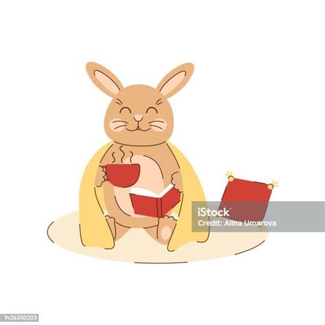 차 한 잔과 책이있는 토끼는 격자 무늬 아래에 앉아 있습니다 가을 아늑한 성격 귀여운 베이지 색 토끼 평면 스타일의 계절 벡터