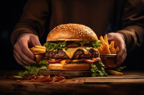 Premium Ai Image A Human Hand Holding A Mouthwatering Burger With