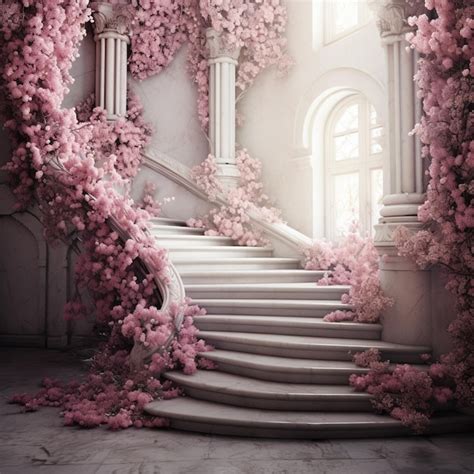 There Is A Staircase With Pink Flowers On It In A Building Generative